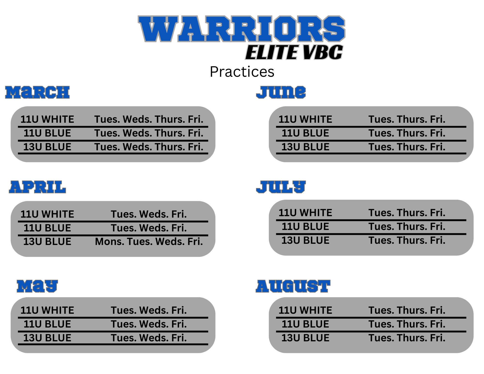 Schedule – Warriors Elite Volleyball Club